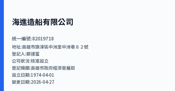 海進造船有限公司的照片-統編 82019718(高雄市) 公司登記資料與營業項目詳細圖表