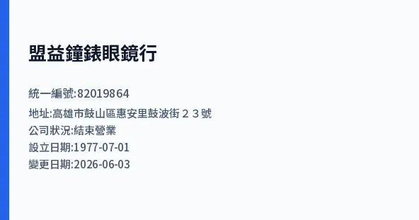 盟益鐘錶眼鏡行的照片-統編 82019864(高雄市) 公司登記資料與營業項目詳細圖表