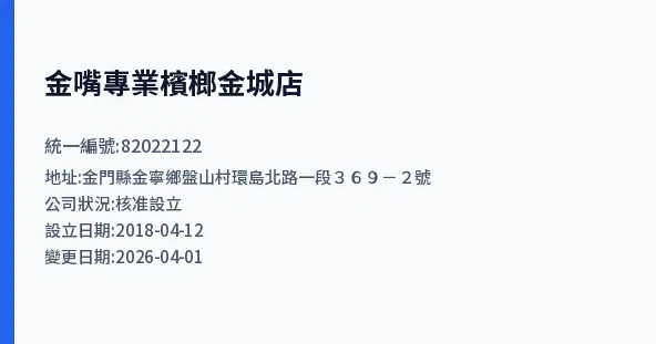 金嘴專業檳榔金城店的照片-統編 82022122(金門縣) 公司登記資料與營業項目詳細圖表
