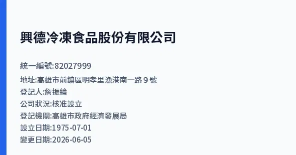 興德冷凍食品股份有限公司的照片-統編 82027999(高雄市) 公司登記資料與營業項目詳細圖表