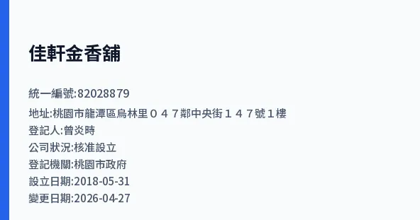 佳軒金香舖的照片-統編 82028879(桃園市) 公司登記資料與營業項目詳細圖表