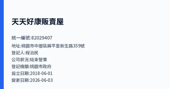 天天好康販賣屋的照片-統編 82029407(桃園市) 公司登記資料與營業項目詳細圖表