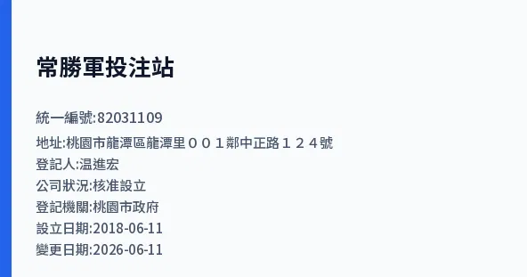 常勝軍投注站的照片-統編 82031109(桃園市) 公司登記資料與營業項目詳細圖表