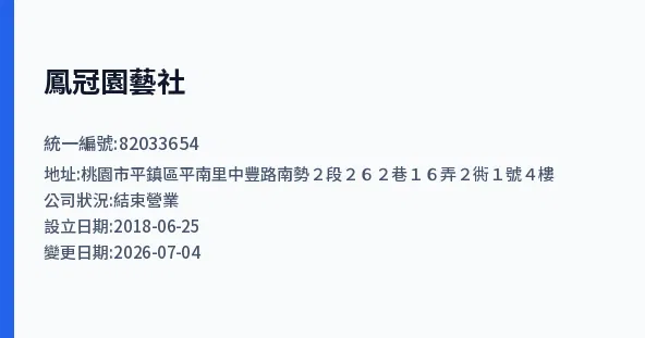 鳳冠園藝社的照片-統編 82033654(桃園市) 公司登記資料與營業項目詳細圖表