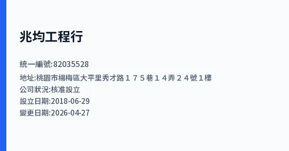 兆均工程行的照片-統編 82035528(桃園市) 公司登記資料與營業項目詳細圖表
