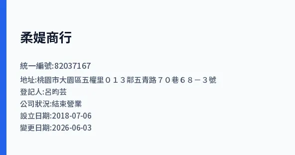 柔媞商行的照片-統編 82037167(桃園市) 公司登記資料與營業項目詳細圖表