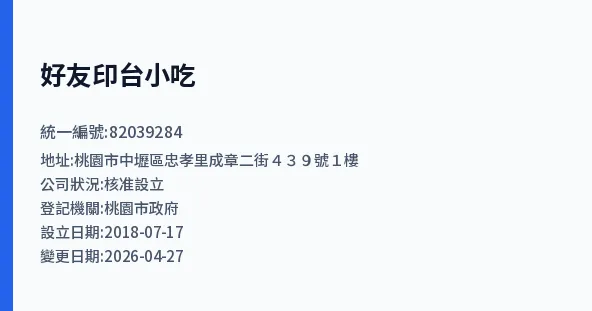 好友印台小吃的照片-統編 82039284(桃園市) 公司登記資料與營業項目詳細圖表