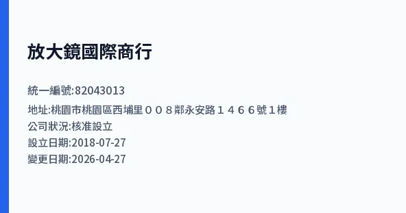 放大鏡國際商行的照片-統編 82043013(桃園市) 公司登記資料與營業項目詳細圖表