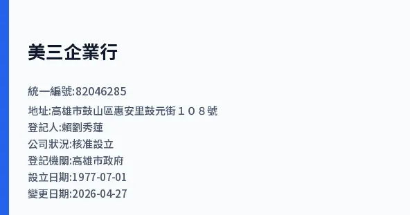 美三企業行的照片-統編 82046285(高雄市) 公司登記資料與營業項目詳細圖表
