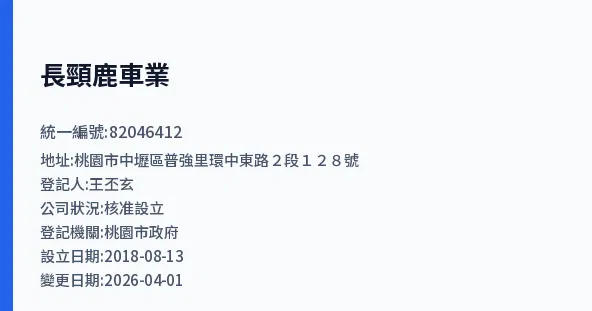 長頸鹿車業的照片-統編 82046412(桃園市) 公司登記資料與營業項目詳細圖表