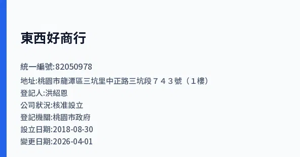 東西好商行的照片-統編 82050978(桃園市) 公司登記資料與營業項目詳細圖表