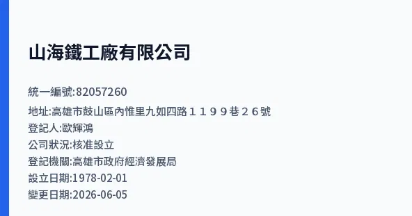 山海鐵工廠有限公司的照片-統編 82057260(高雄市) 公司登記資料與營業項目詳細圖表