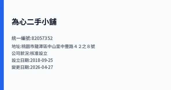 為心二手小舖的照片-統編 82057352(桃園市) 公司登記資料與營業項目詳細圖表