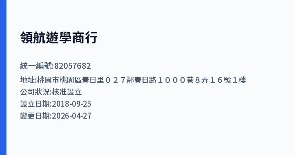 領航遊學商行的照片-統編 82057682(桃園市) 公司登記資料與營業項目詳細圖表