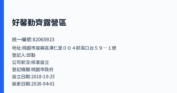 好馨勤齊露營區的照片-統編 82065923(桃園市) 公司登記資料與營業項目詳細圖表