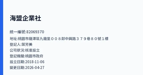 海盟企業社的照片-統編 82069370(桃園市) 公司登記資料與營業項目詳細圖表