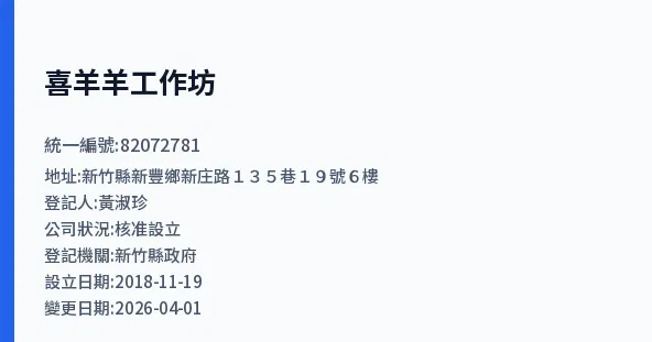 喜羊羊工作坊的照片-統編 82072781(新竹縣) 公司登記資料與營業項目詳細圖表