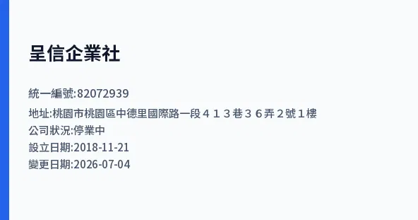 呈信企業社的照片-統編 82072939(桃園市) 公司登記資料與營業項目詳細圖表