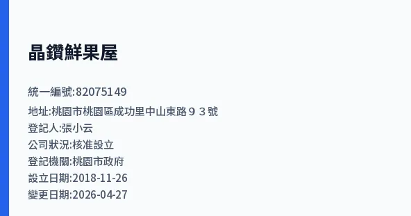 晶鑽鮮果屋的照片-統編 82075149(桃園市) 公司登記資料與營業項目詳細圖表