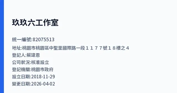 玖玖六工作室的照片-統編 82075513(桃園市) 公司登記資料與營業項目詳細圖表