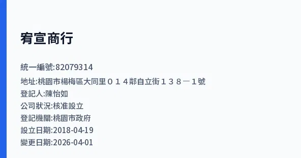 宥宣商行的照片-統編 82079314(桃園市) 公司登記資料與營業項目詳細圖表