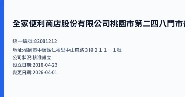 全家便利商店股份有限公司桃園市第二四八門市部的照片-統編 82081212(桃園市) 公司登記資料與營業項目詳細圖表