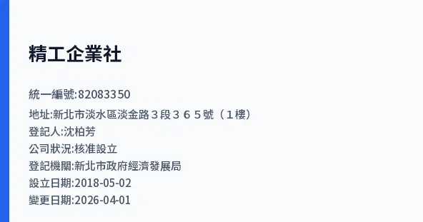 精工企業社的照片-統編 82083350(新北市) 公司登記資料與營業項目詳細圖表