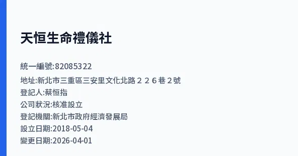 天恒生命禮儀社的照片-統編 82085322(新北市) 公司登記資料與營業項目詳細圖表