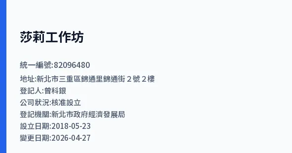 莎莉工作坊的照片-統編 82096480(新北市) 公司登記資料與營業項目詳細圖表