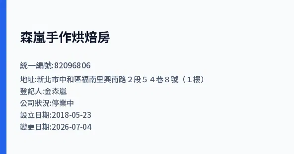森嵐手作烘焙房的照片-統編 82096806(新北市) 公司登記資料與營業項目詳細圖表