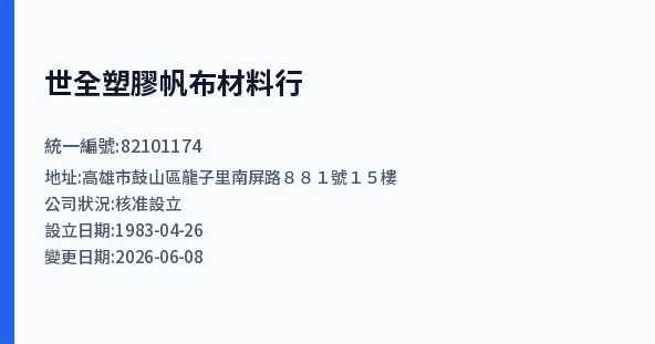 世全塑膠帆布材料行的照片-統編 82101174(高雄市) 公司登記資料與營業項目詳細圖表