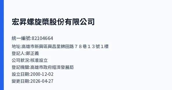 宏昇螺旋槳股份有限公司的照片-統編 82104664(高雄市) 公司登記資料與營業項目詳細圖表
