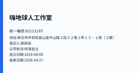 嗨地球人工作室的照片-統編 82113185(新北市) 公司登記資料與營業項目詳細圖表