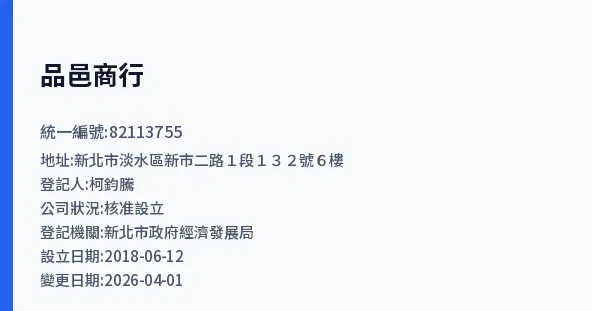 品邑商行的照片-統編 82113755(新北市) 公司登記資料與營業項目詳細圖表