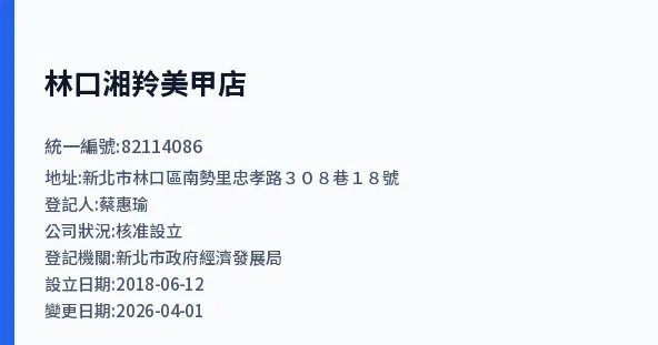林口湘羚美甲店的照片-統編 82114086(新北市) 公司登記資料與營業項目詳細圖表