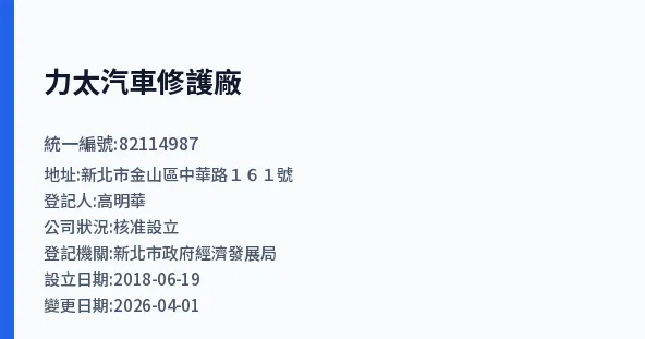 力太汽車修護廠的照片-統編 82114987(新北市) 公司登記資料與營業項目詳細圖表
