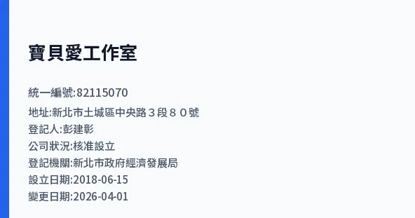 寶貝愛工作室的照片-統編 82115070(新北市) 公司登記資料與營業項目詳細圖表