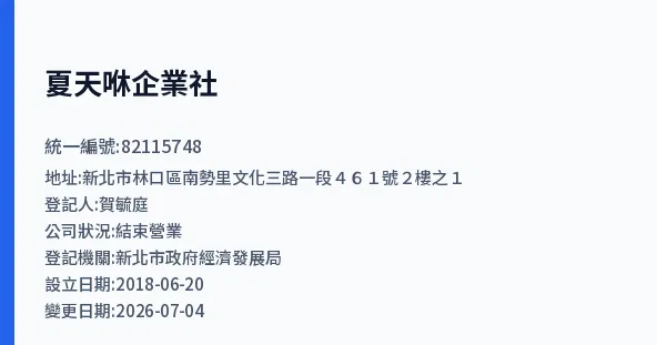 夏天咻企業社的照片-統編 82115748(新北市) 公司登記資料與營業項目詳細圖表