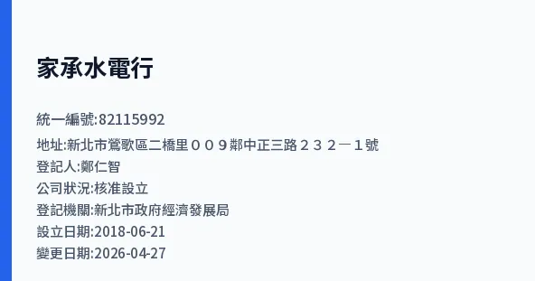 家承水電行的照片-統編 82115992(新北市) 公司登記資料與營業項目詳細圖表