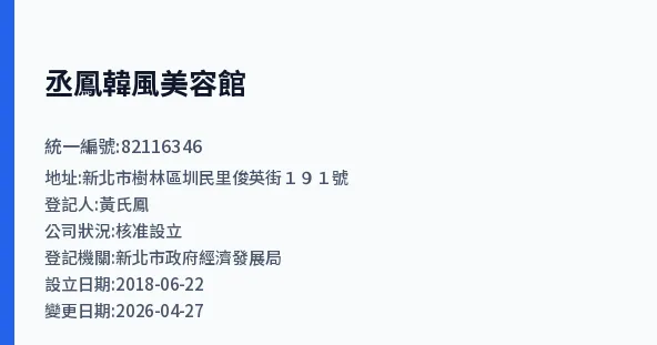 丞鳳韓風美容館的照片-統編 82116346(新北市) 公司登記資料與營業項目詳細圖表
