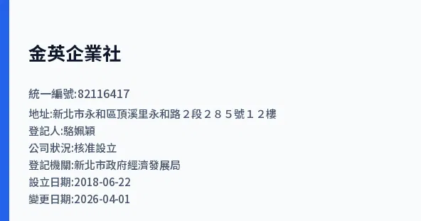 金英企業社的照片-統編 82116417(新北市) 公司登記資料與營業項目詳細圖表