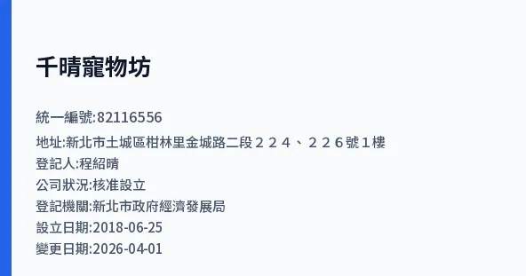 千晴寵物坊的照片-統編 82116556(新北市) 公司登記資料與營業項目詳細圖表