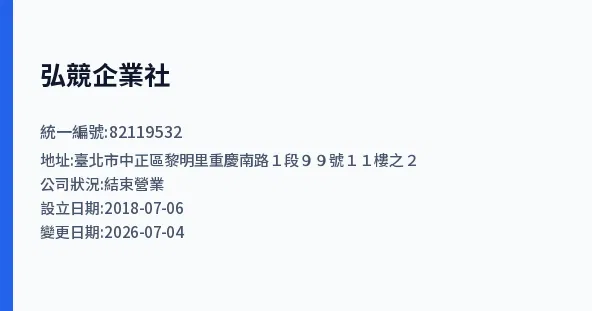 弘競企業社的照片-統編 82119532(臺北市) 公司登記資料與營業項目詳細圖表