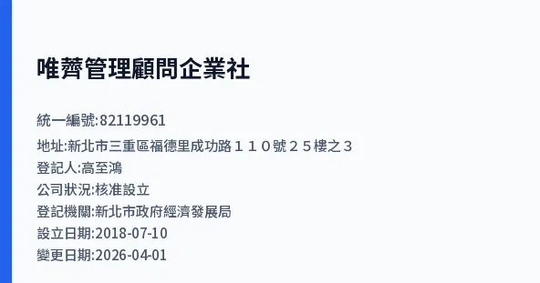唯薺管理顧問企業社的照片-統編 82119961(新北市) 公司登記資料與營業項目詳細圖表