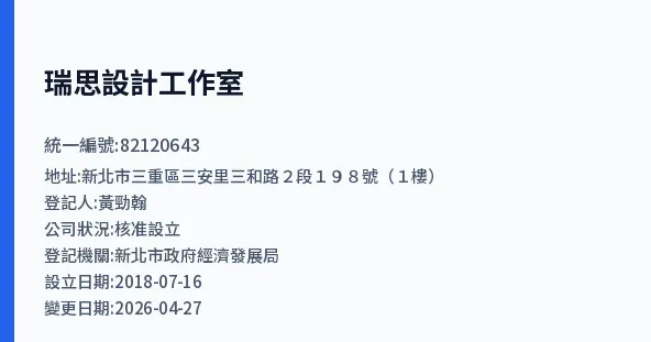 瑞思設計工作室的照片-統編 82120643(新北市) 公司登記資料與營業項目詳細圖表