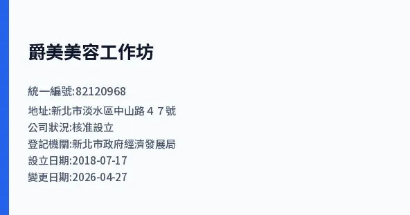 爵美美容工作坊的照片-統編 82120968(新北市) 公司登記資料與營業項目詳細圖表