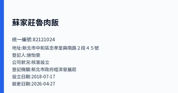 蘇家莊魯肉飯的照片-統編 82121024(新北市) 公司登記資料與營業項目詳細圖表