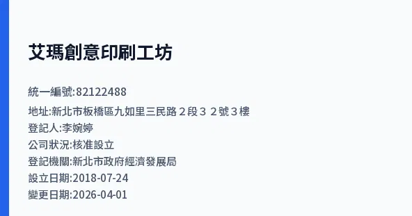 艾瑪創意印刷工坊的照片-統編 82122488(新北市) 公司登記資料與營業項目詳細圖表