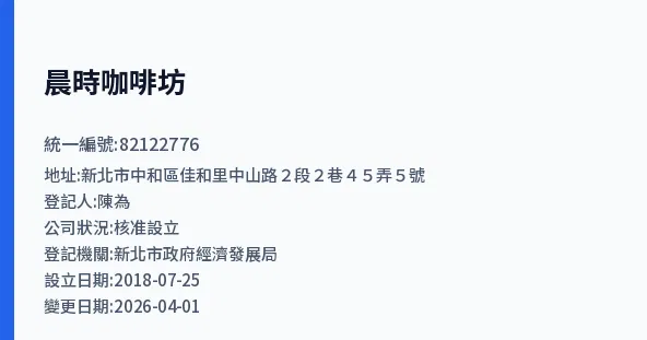 晨時咖啡坊的照片-統編 82122776(新北市) 公司登記資料與營業項目詳細圖表