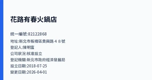 花路有春火鍋店的照片-統編 82122868(新北市) 公司登記資料與營業項目詳細圖表